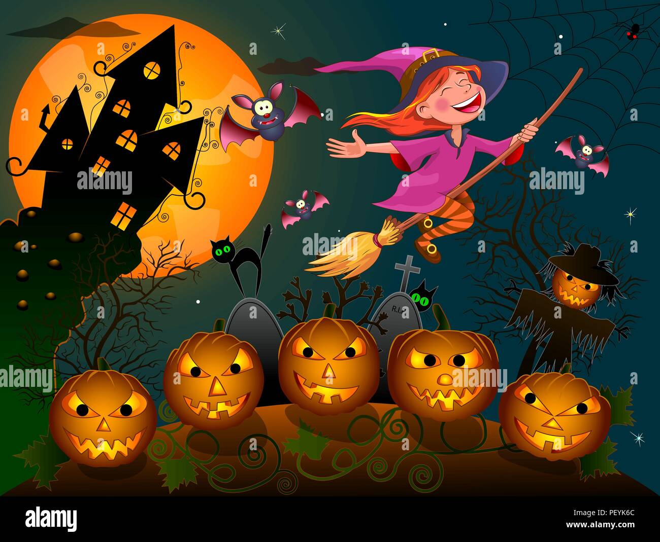 Night on Halloween. A little witch flies on a broom. Joyful little ...