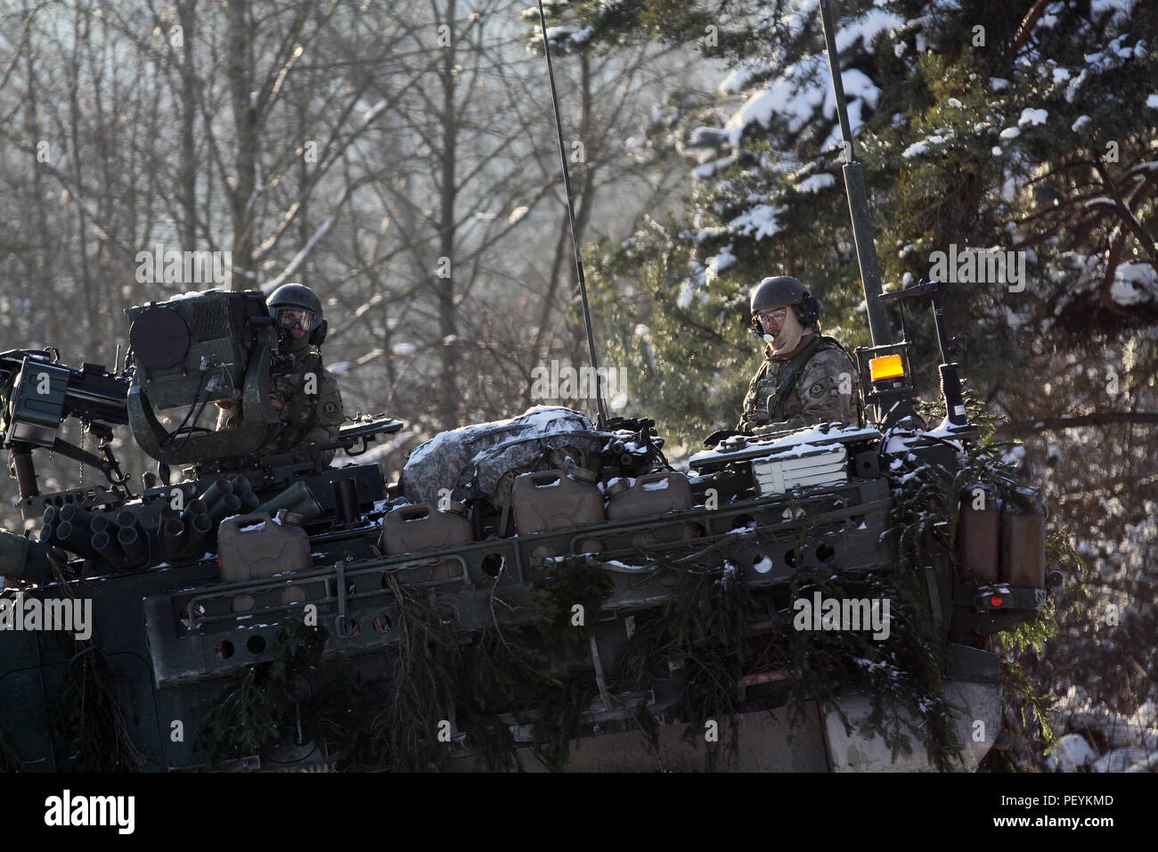 U.S. Army Soldiers aboard a M1126 Stryker brave extreme cold and harsh ...