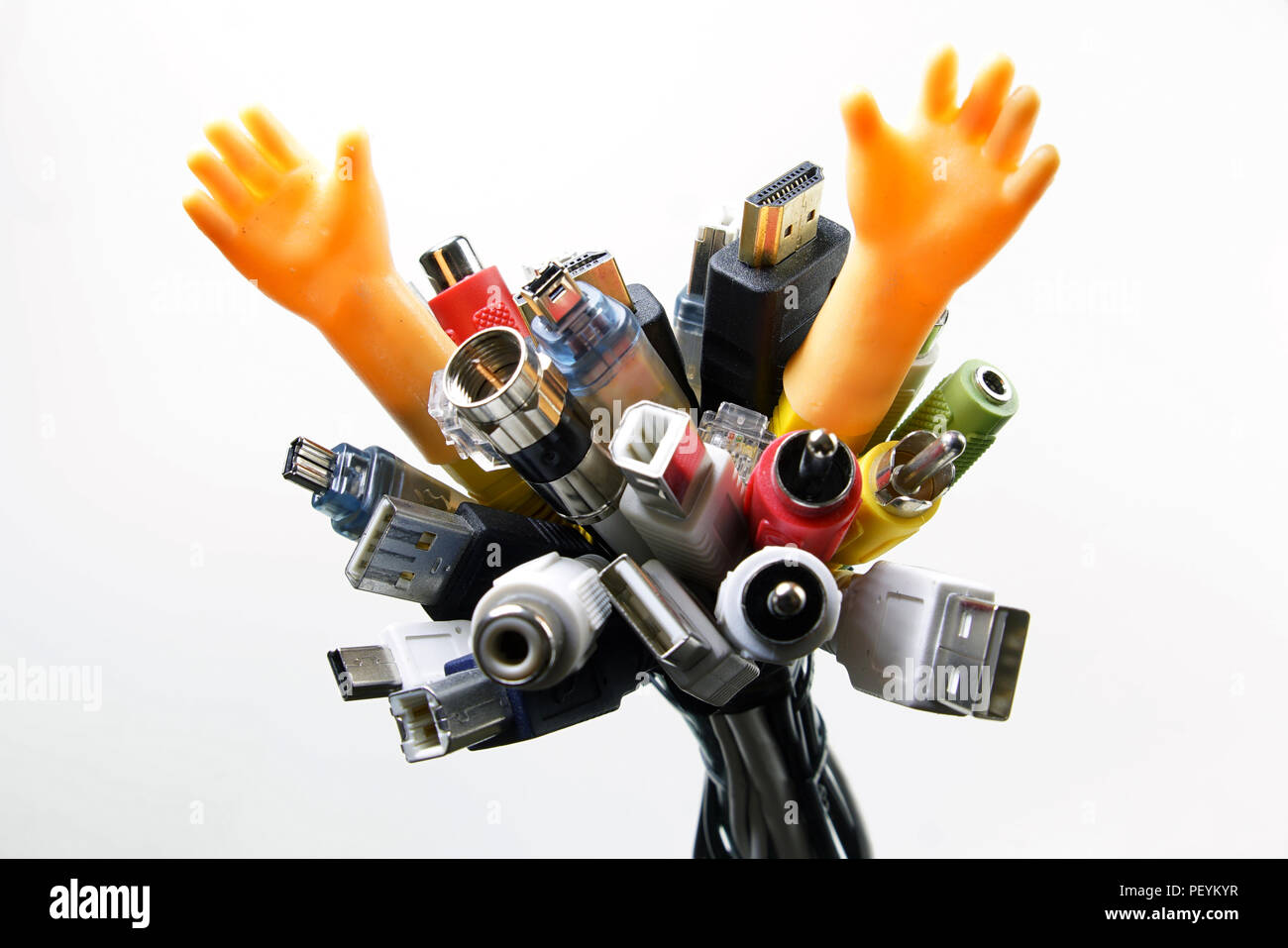 Montreal, Canada, August 17, 2018.Concept of too many wires on a white ...