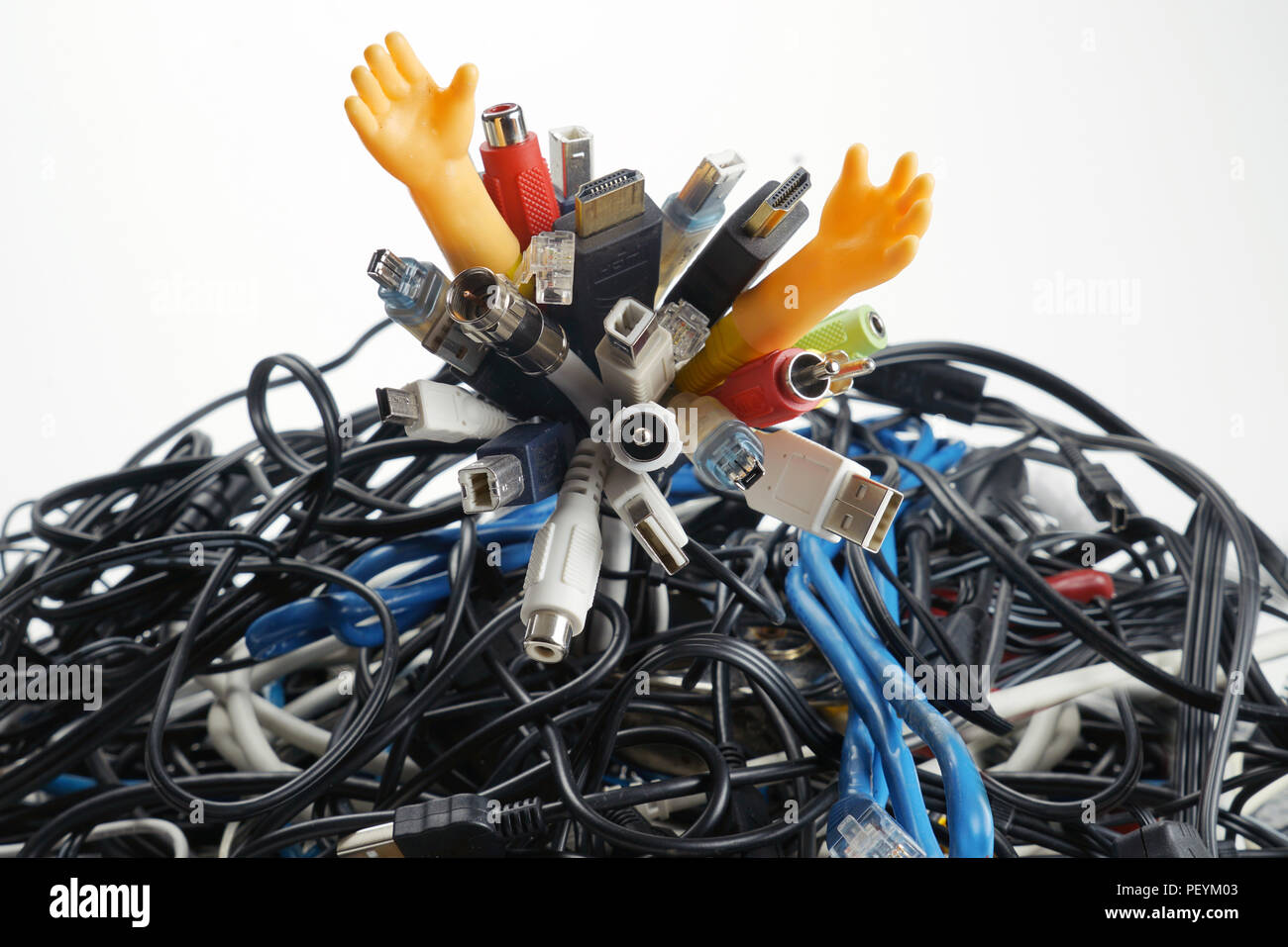 Montreal, Canada, August 17, 2018.Concept of too many wires on a white ...