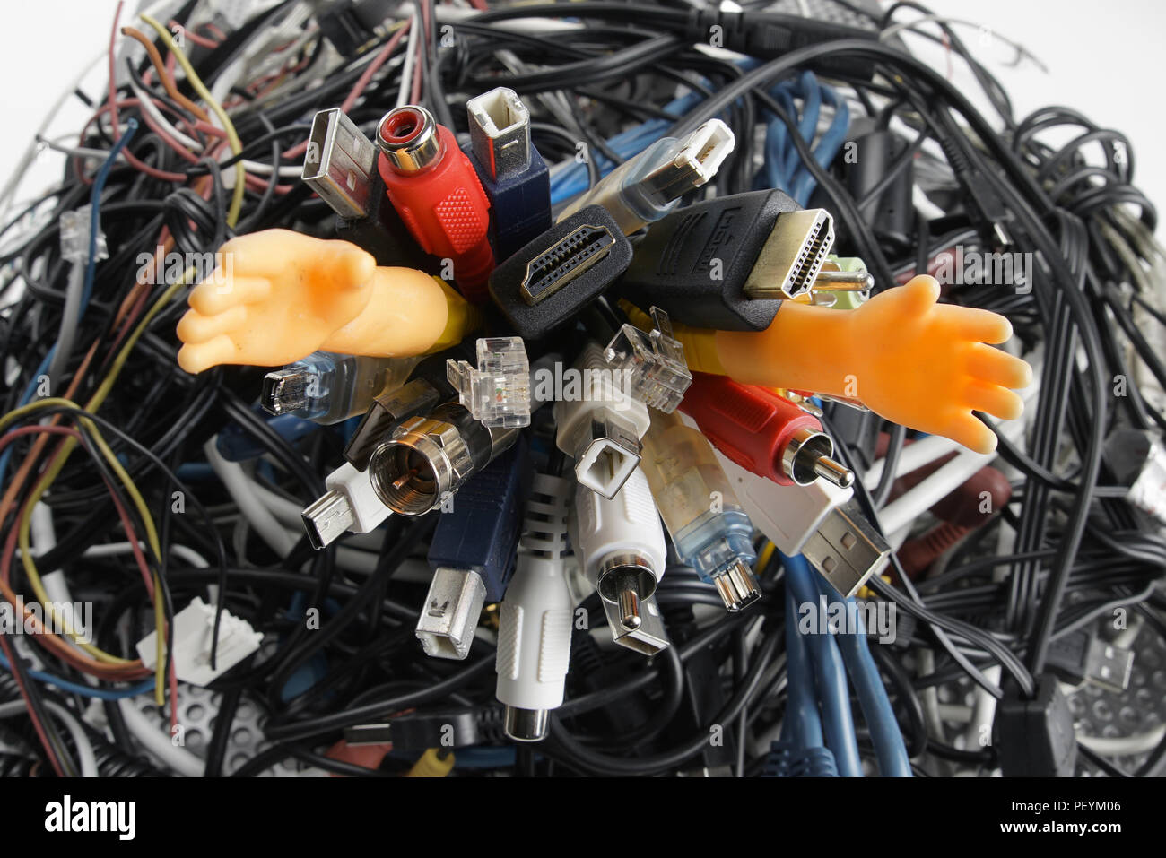 Montreal, Canada, August 17, 2018.Concept of too many wires on a white ...