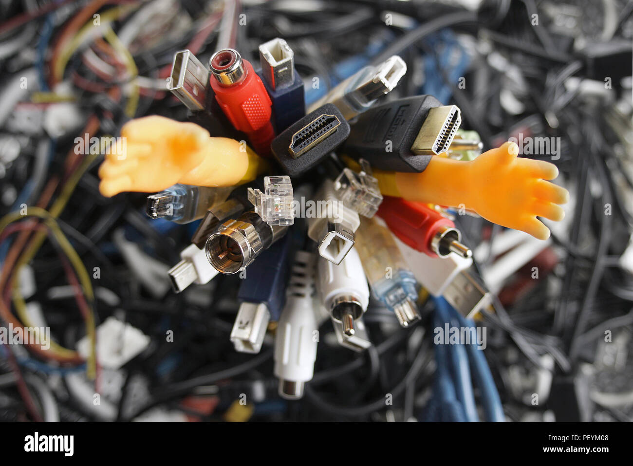Montreal, Canada, August 17, 2018.Concept of too many wires on a white ...