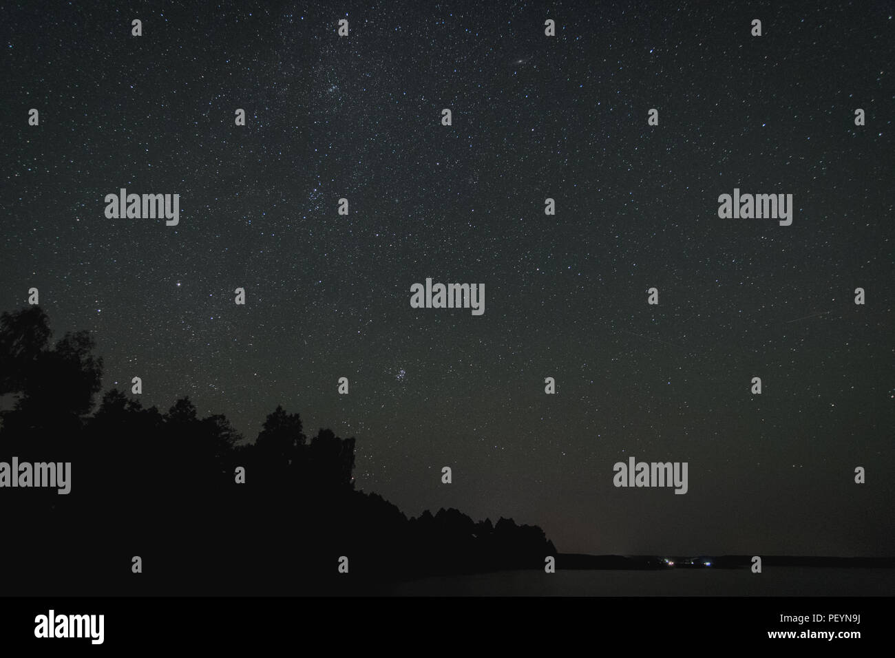 Milky Way and starry night sky over calm lake with forest silhouettes ...