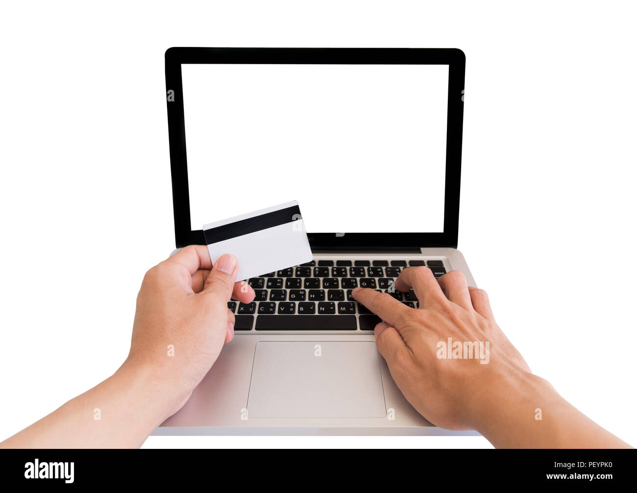 Man hand holding credit card and using laptop blank desktop screen ...