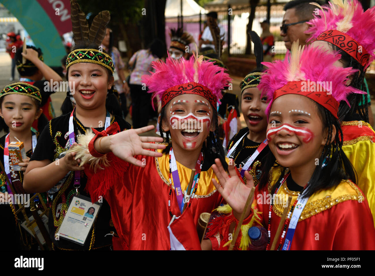 Jakarta, Indonesia. 18th Aug, 2018. Performers pose for pictures before ...