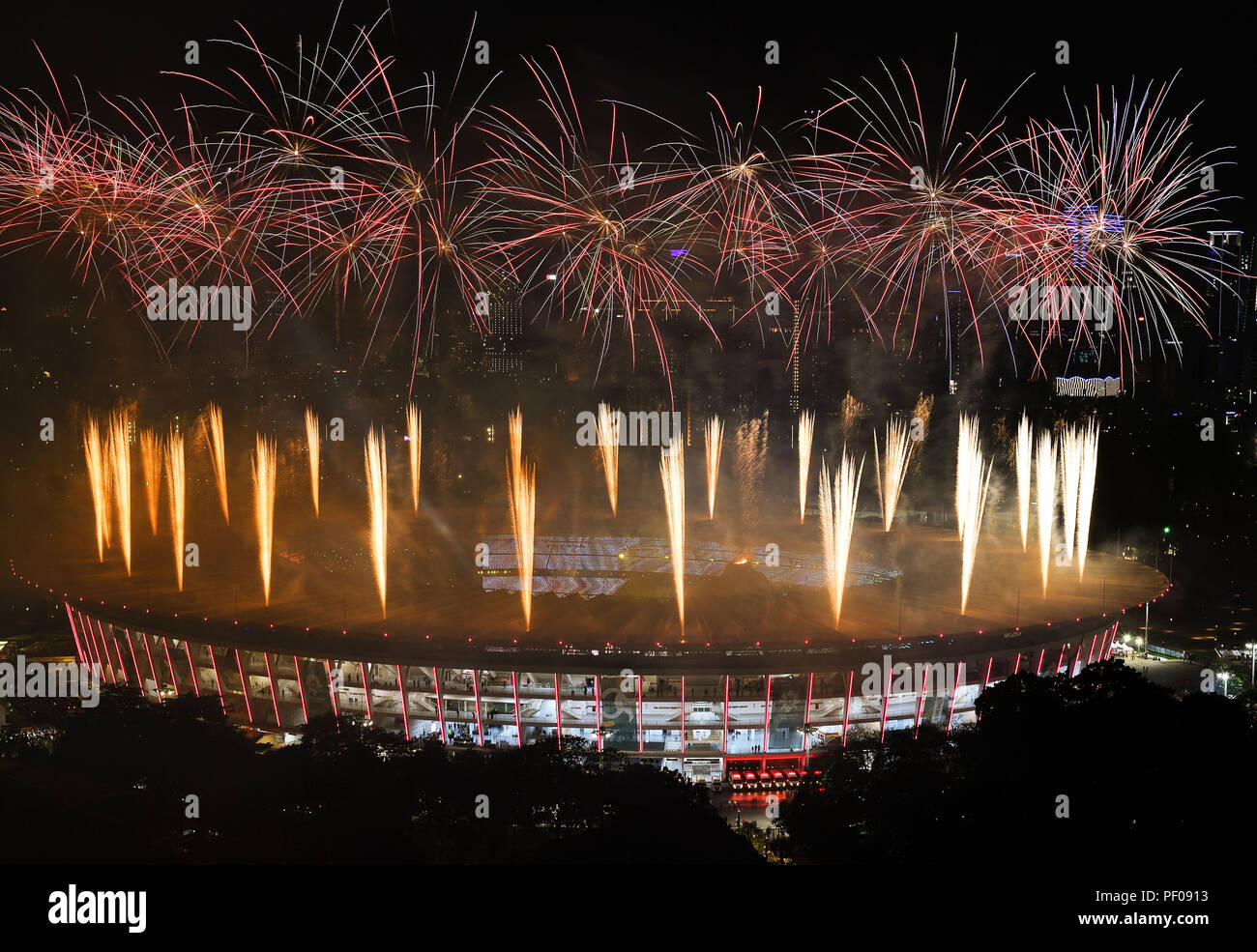 Jakarta, Indonesia. 18th Aug, 2018. Fireworks explode over the Gelora ...