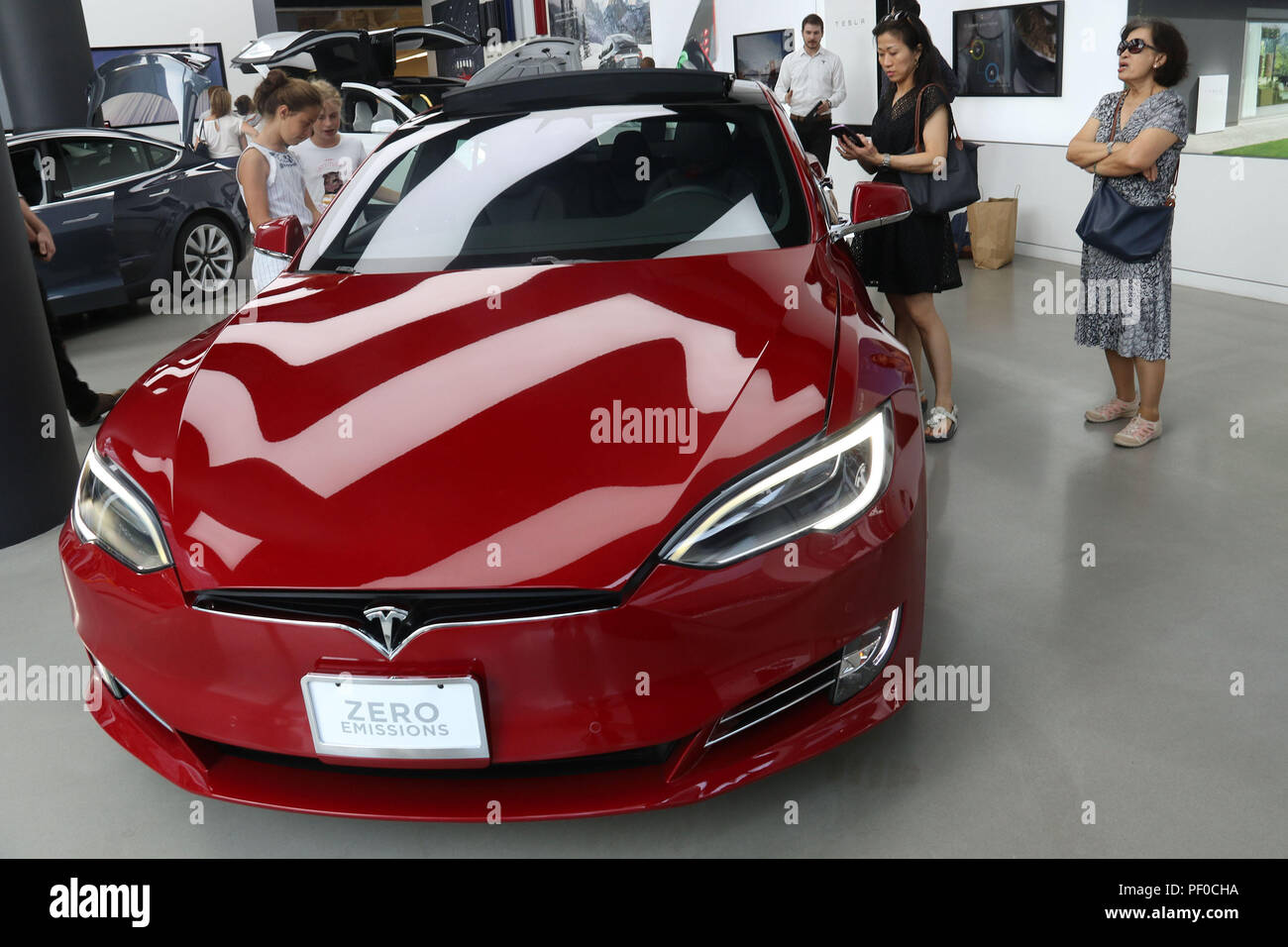 New York City, New York, USA. 17th Aug, 2018. Tesla logo with 'Zero ...