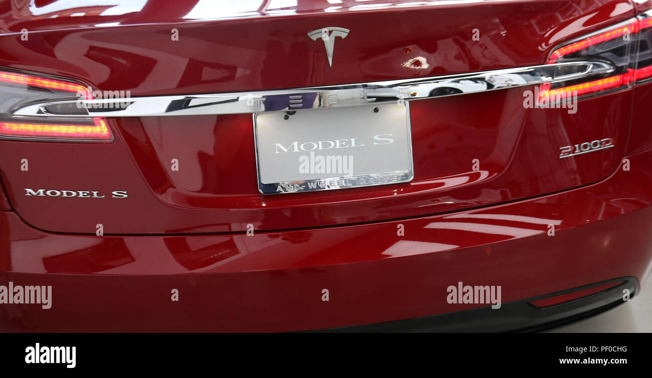 New York City, New York, USA. 17th Aug, 2018. Tesla logo with 'Model S ...