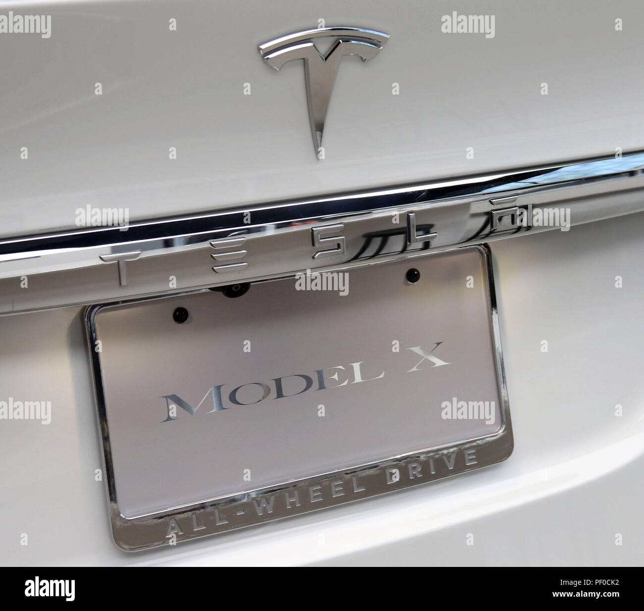 New York City, New York, USA. 17th Aug, 2018. Tesla logo with 'Model X ...