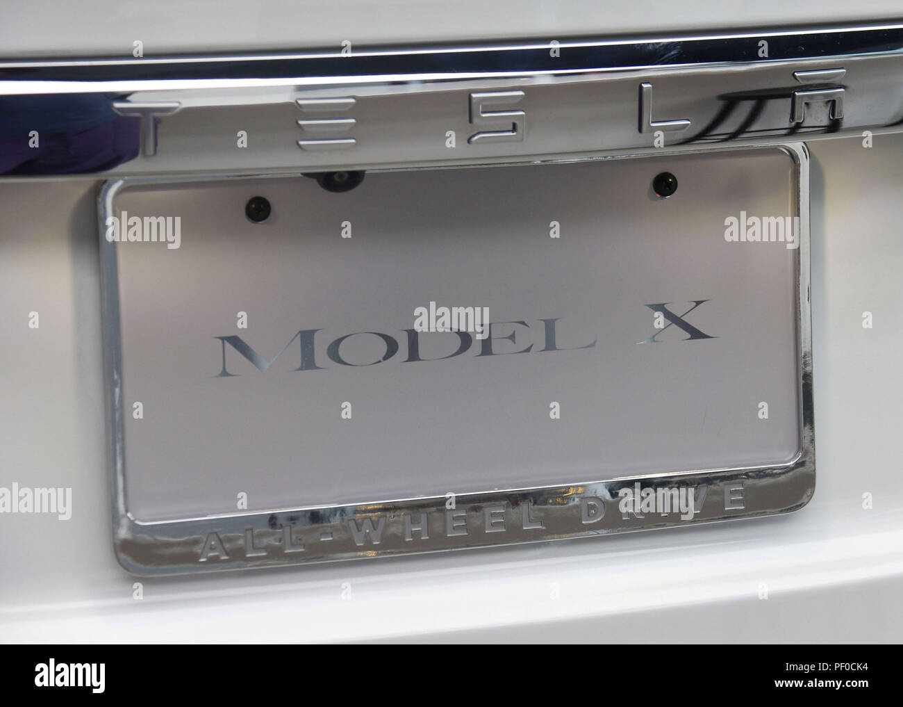 New York City, New York, USA. 17th Aug, 2018. Tesla logo with 'Model X ...