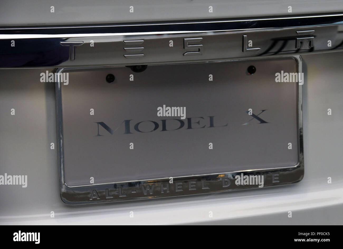 New York City, New York, USA. 17th Aug, 2018. Tesla logo with 'Model X ...