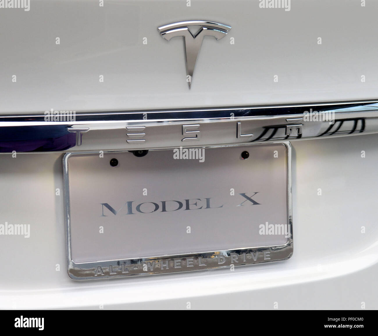 New York City, New York, USA. 17th Aug, 2018. Tesla logo with 'Model X ...