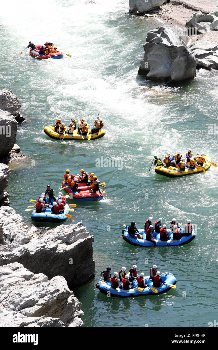 KOBOKE, TOKUSIMA, JAPAN - AUGUST 14, 2018: Water rafting on the rapids ...