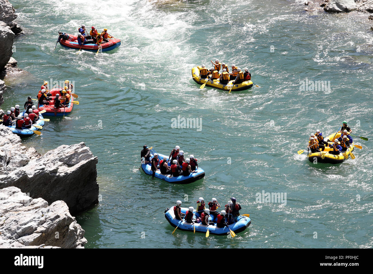 KOBOKE, TOKUSIMA, JAPAN - AUGUST 14, 2018: Water rafting on the rapids ...