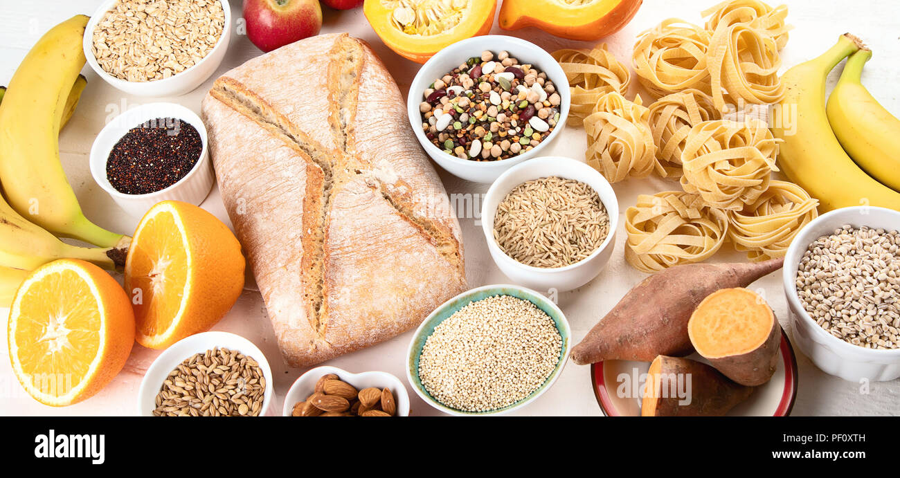 Foods high in carbohydrates. Healthy food. Top view Stock Photo - Alamy