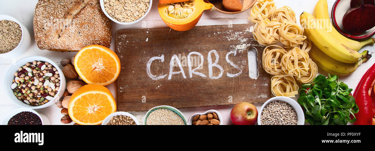 Foods high in carbohydrates. Healthy food. Top view Stock Photo - Alamy