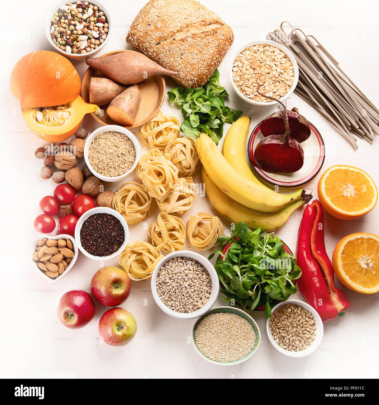 Foods high in carbohydrates. Healthy food. Top view Stock Photo - Alamy