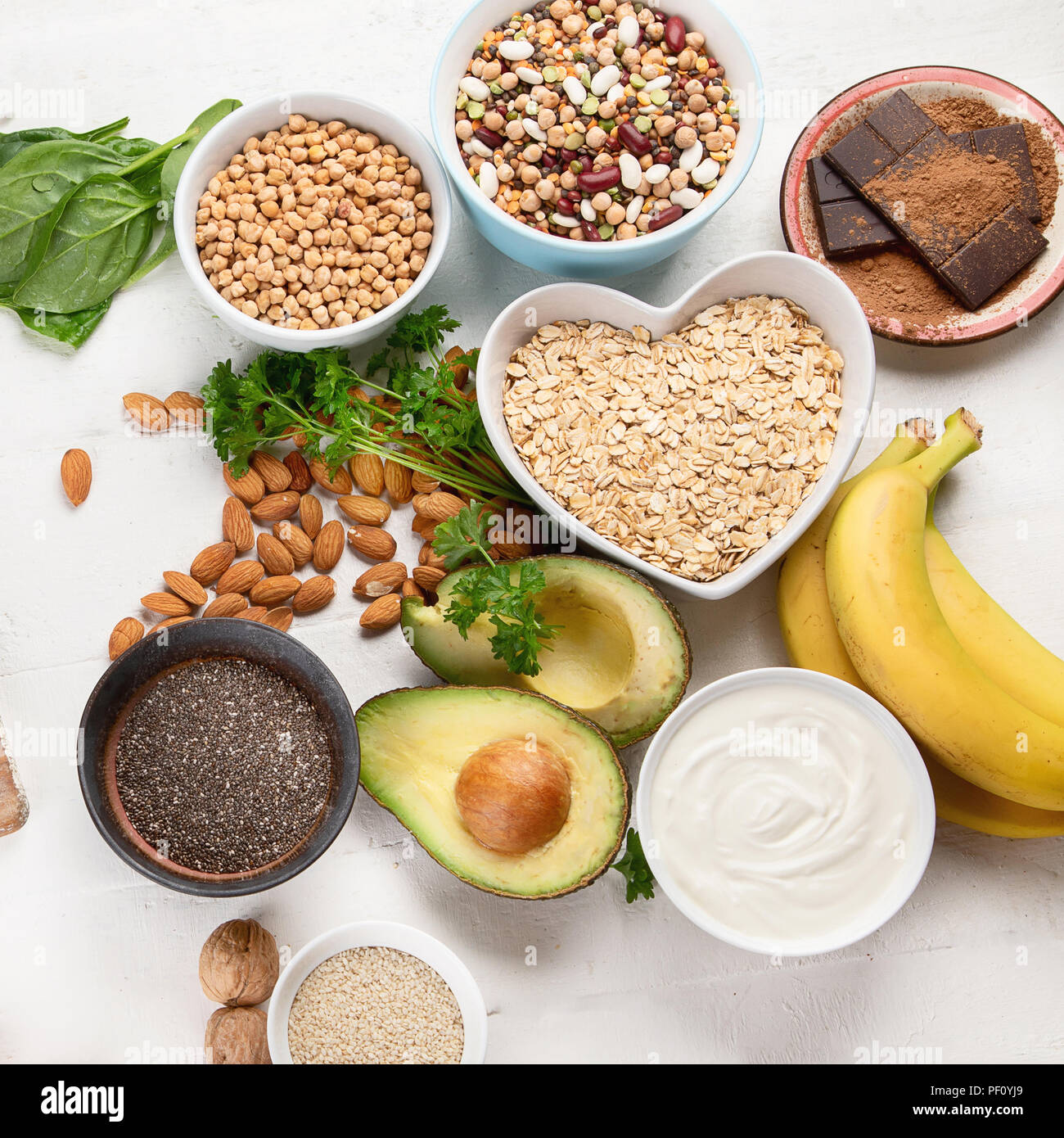 Magnesium rich foods. Top view. Healthy eating Stock Photo - Alamy