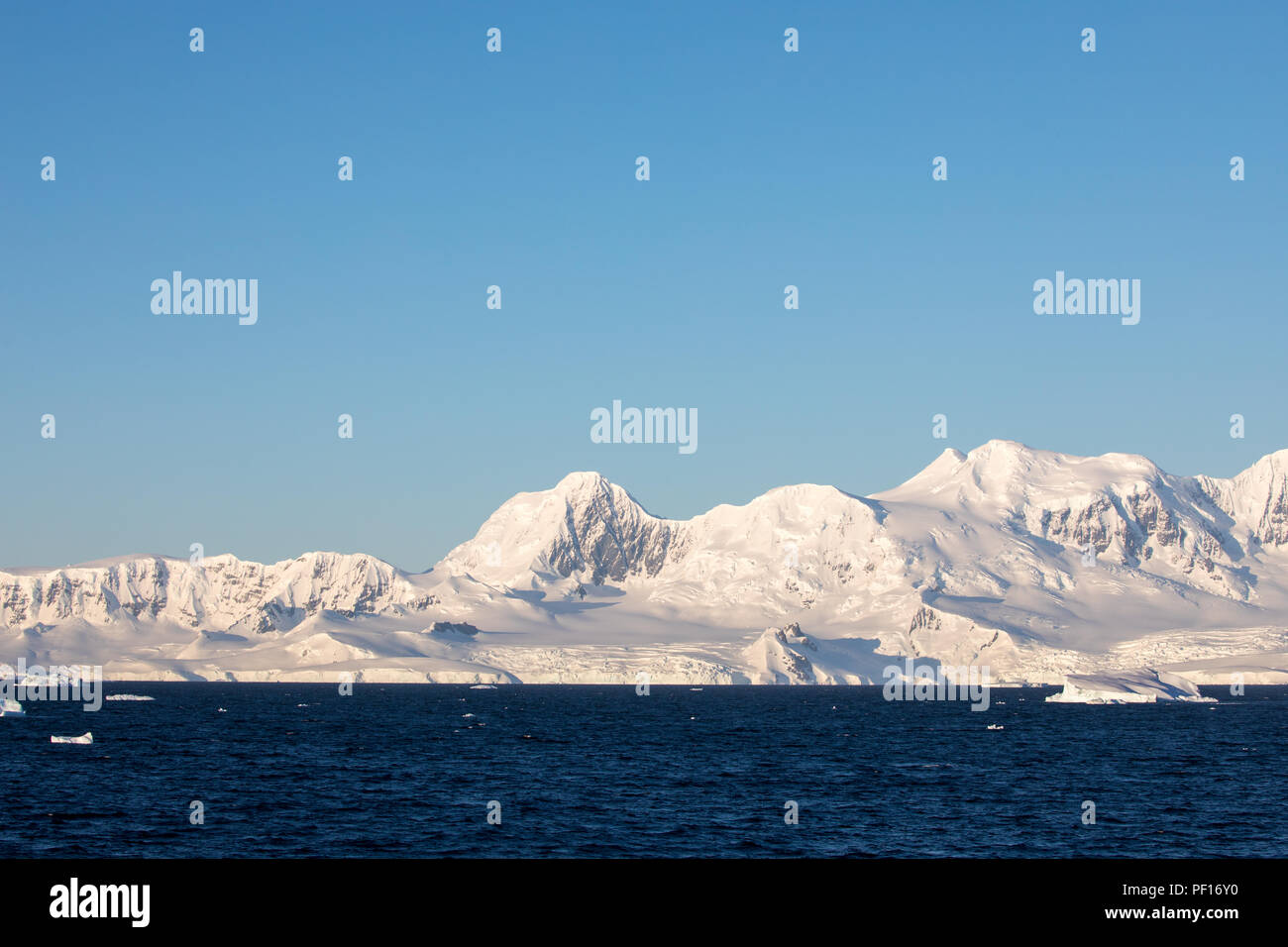 icecaps in the Antarctica with iceberg in the ocean swimming around and ...