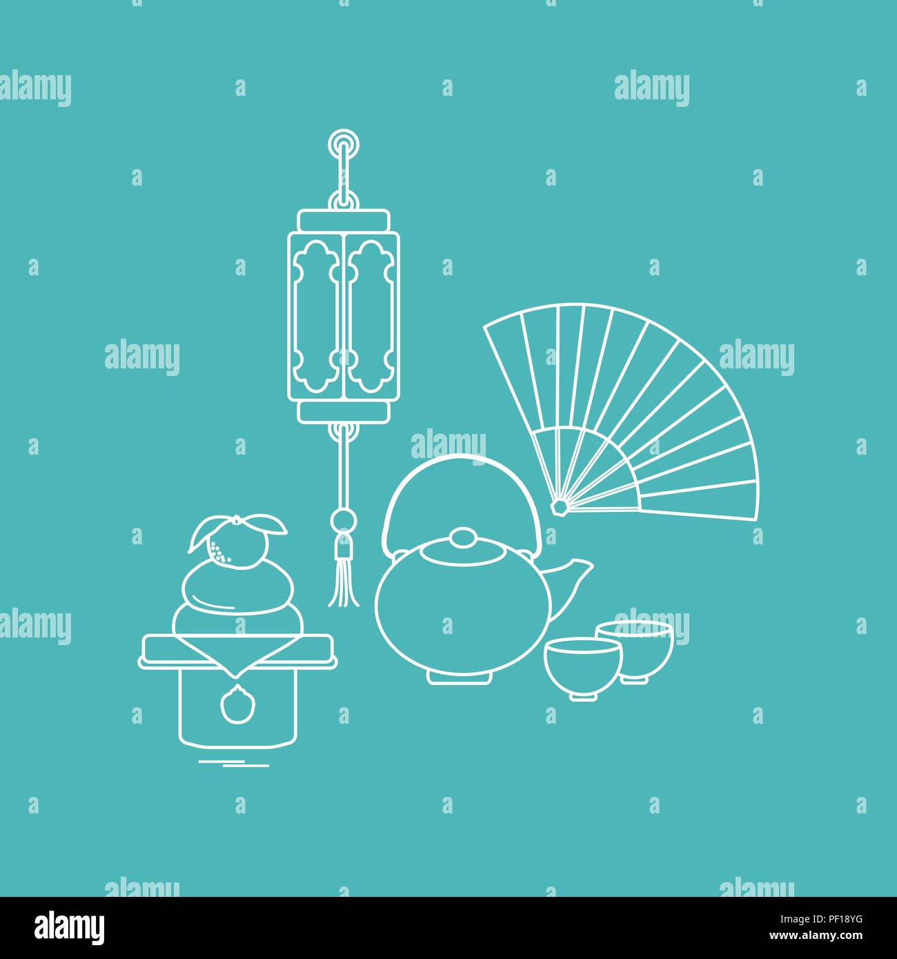 Eastern New Year symbols. Chinese lantern, kettle with two cups, fan ...