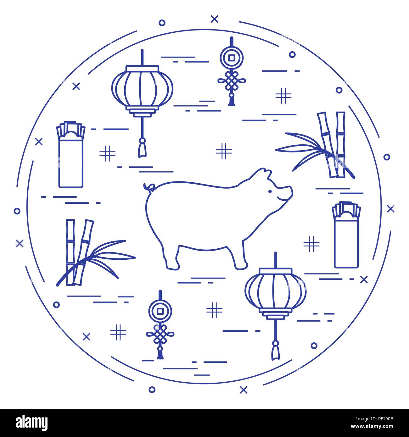 Happy New Year 2019 card. Chinese New Year symbols. Pig, lantern ...