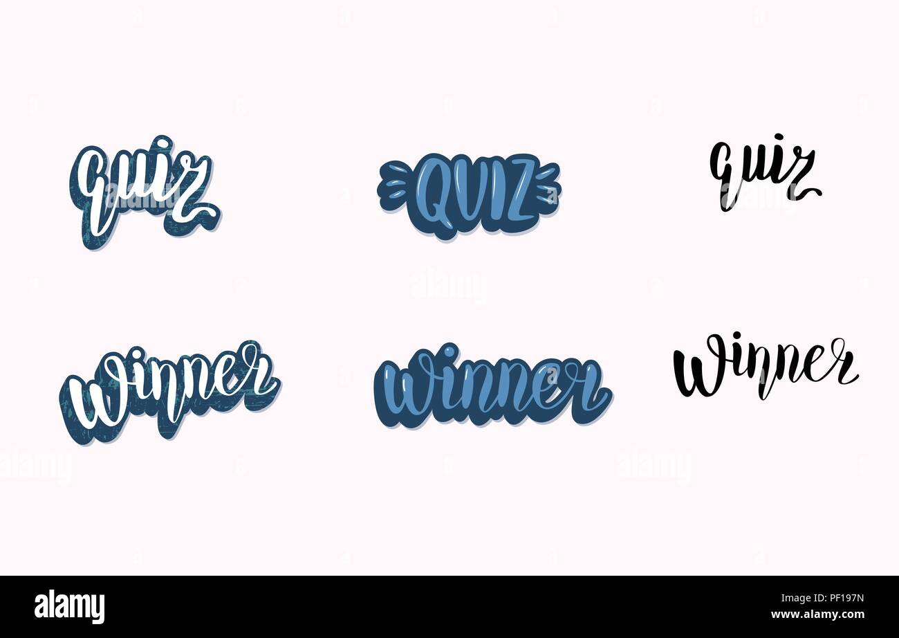 Quiz and Winner quotes set. Handwritten lettering. Elements for social ...