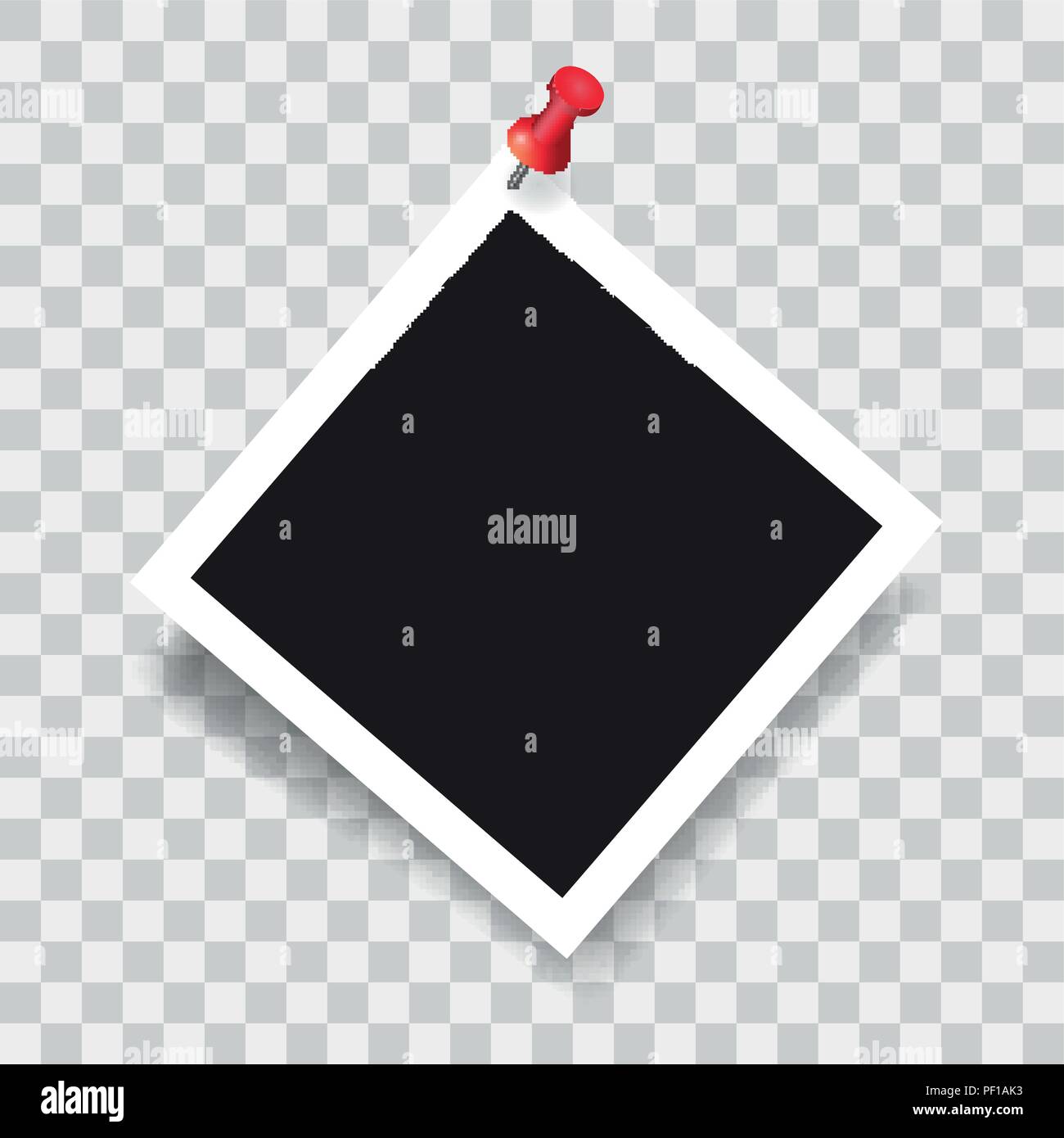Realistic photo frame with red pin, vector illustration on transparent ...