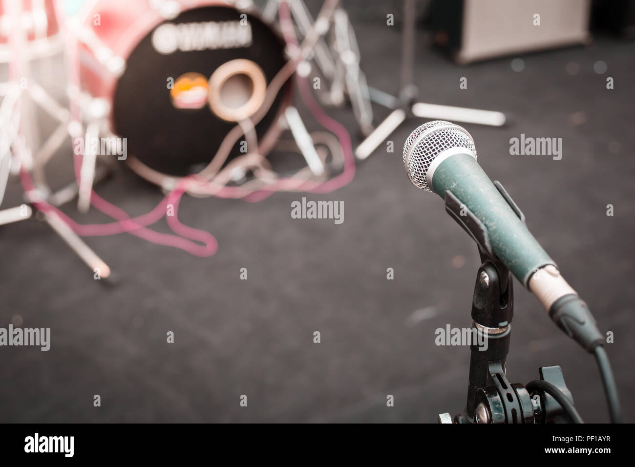 Microphone and music instrument on stage . vintage color tone Stock ...