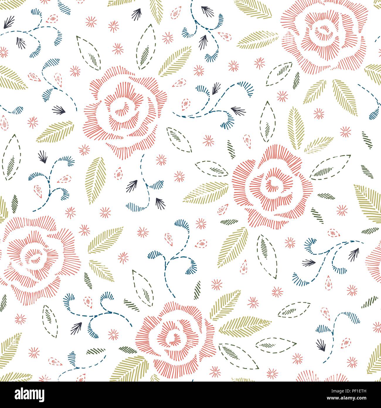 Hand Drawn Roses, Mimicking Embroidery Stitches, on White Floral Vector ...