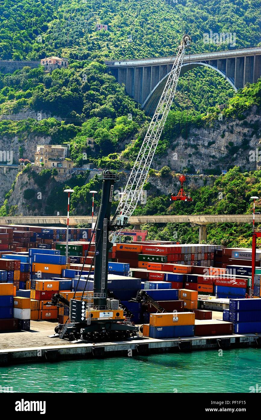 Port of Salerno, Italy - July 2018: Containers and crane of the Port of ...