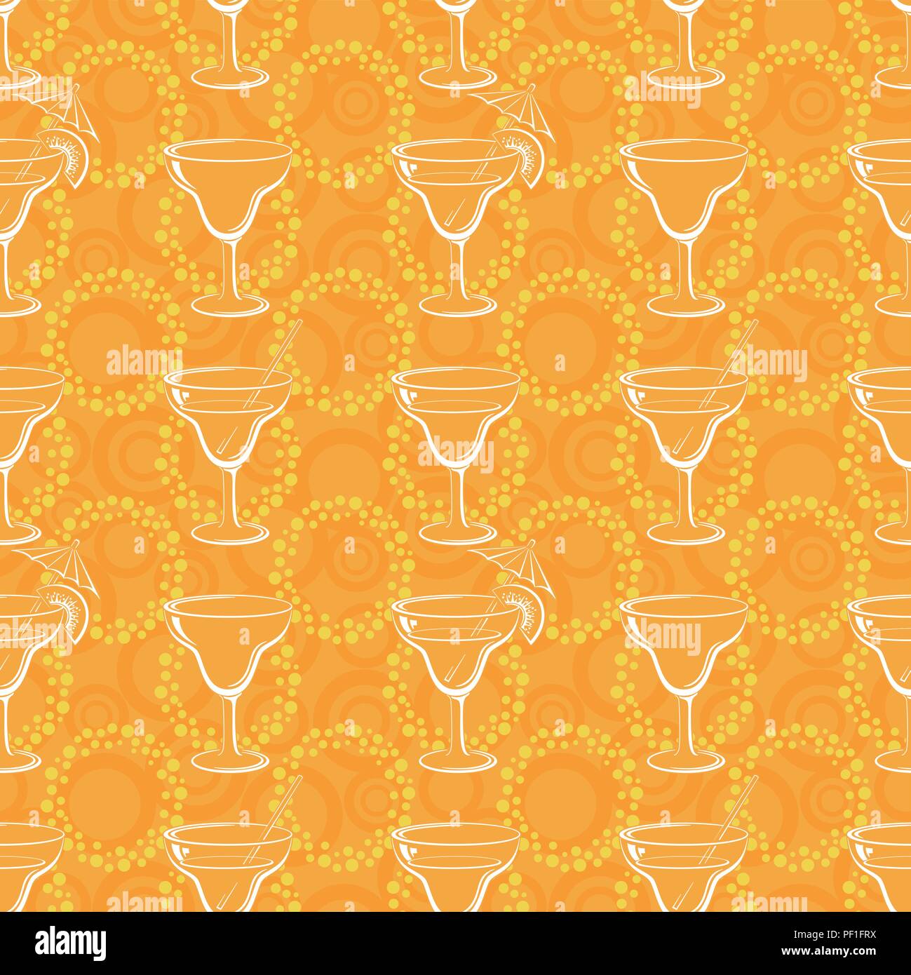 Seamless, glasses with a drink, white silhouettes on orange background ...