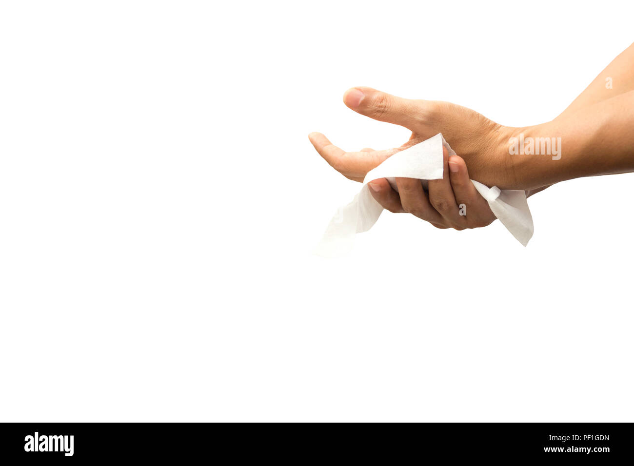 Man cleaning his hand with wet tissue isolated Stock Photo - Alamy