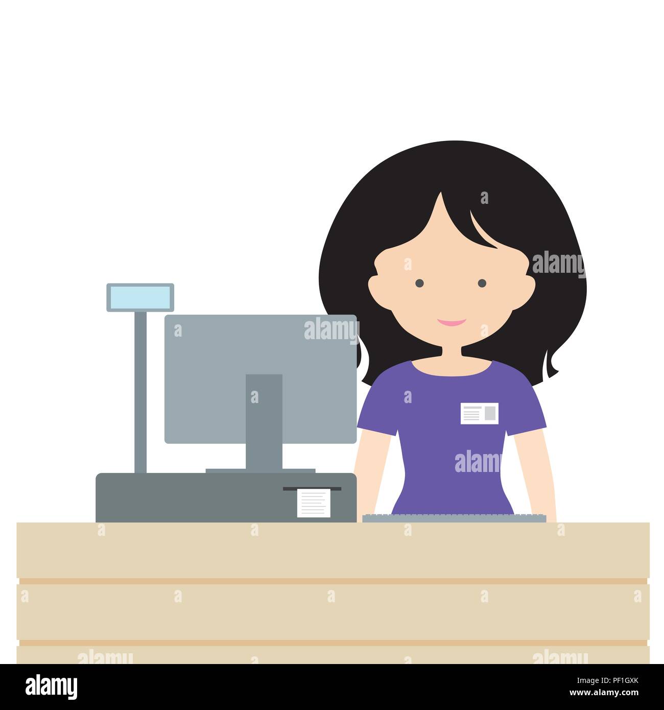 Young woman standing in store saleswoman behind the counter, selling ...