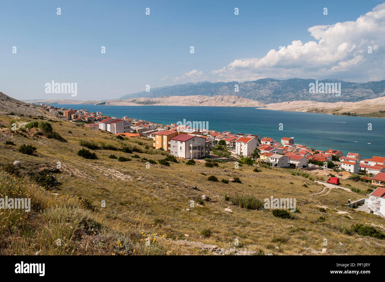 Croatia, Europe: panoramic view of the fjord and the village of Pag ...
