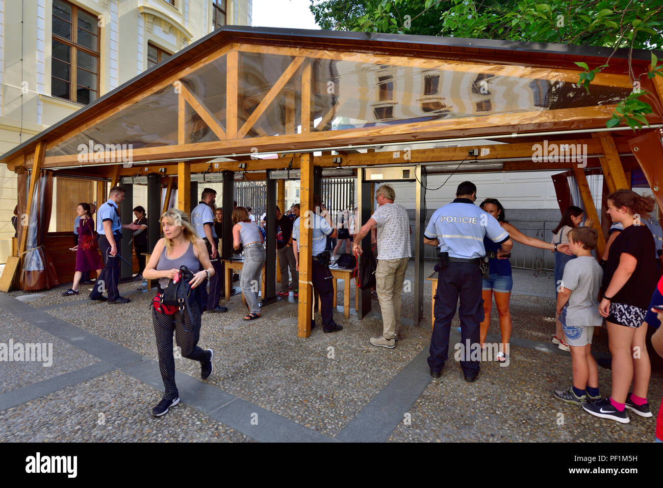 Prague castle, security entrance gate with metal detectors and bag ...