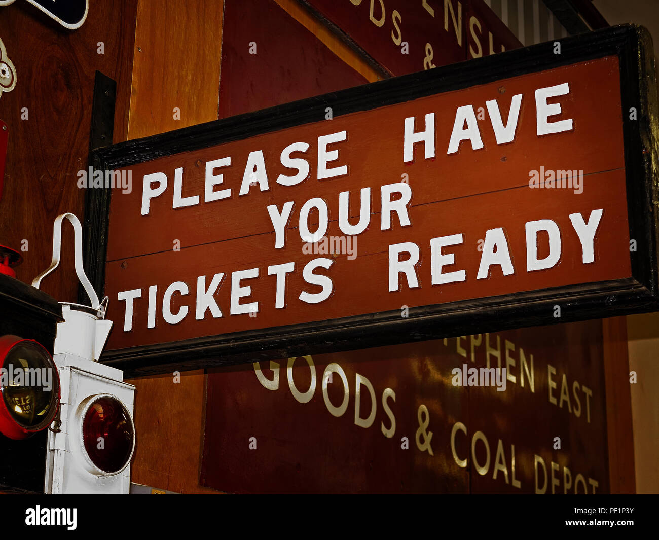 A 'tickets ready' sign at the Ingrow rail museum on the HWVR line Stock ...