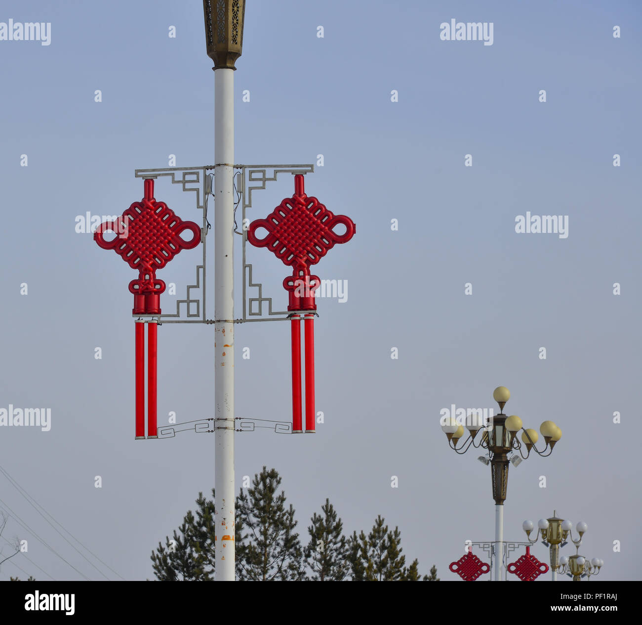 Lamp post with Chinese decorations at downtown in Harbin, China Stock ...
