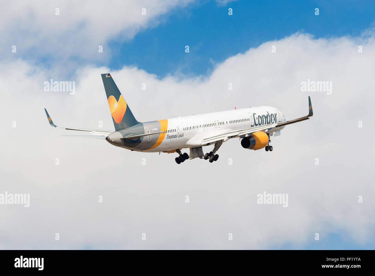 Tenerife, Spain - Thomas Cook Condor airplane taking off from Tenerife ...