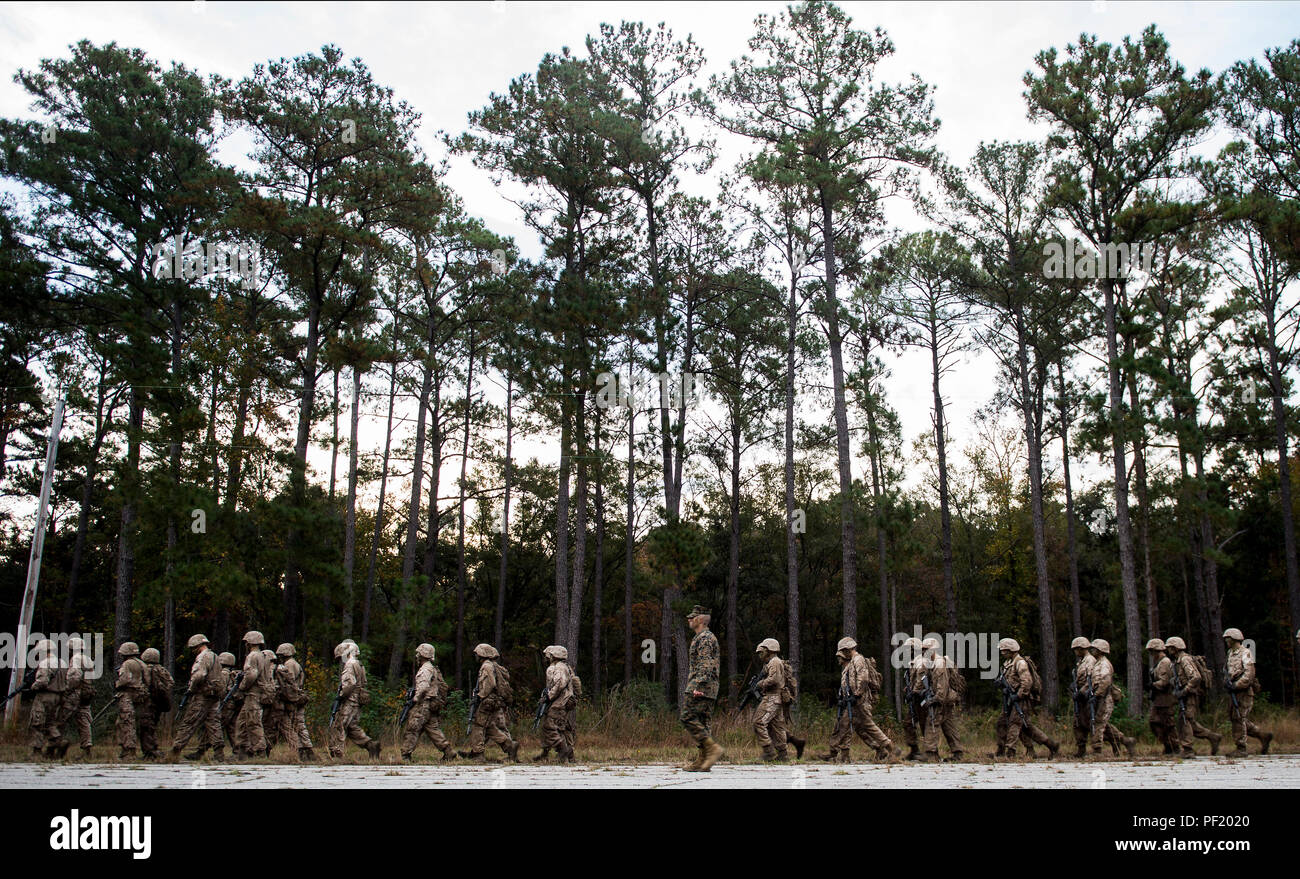 U.S. Marine Corps recruits march in formation at Parris Island during ...