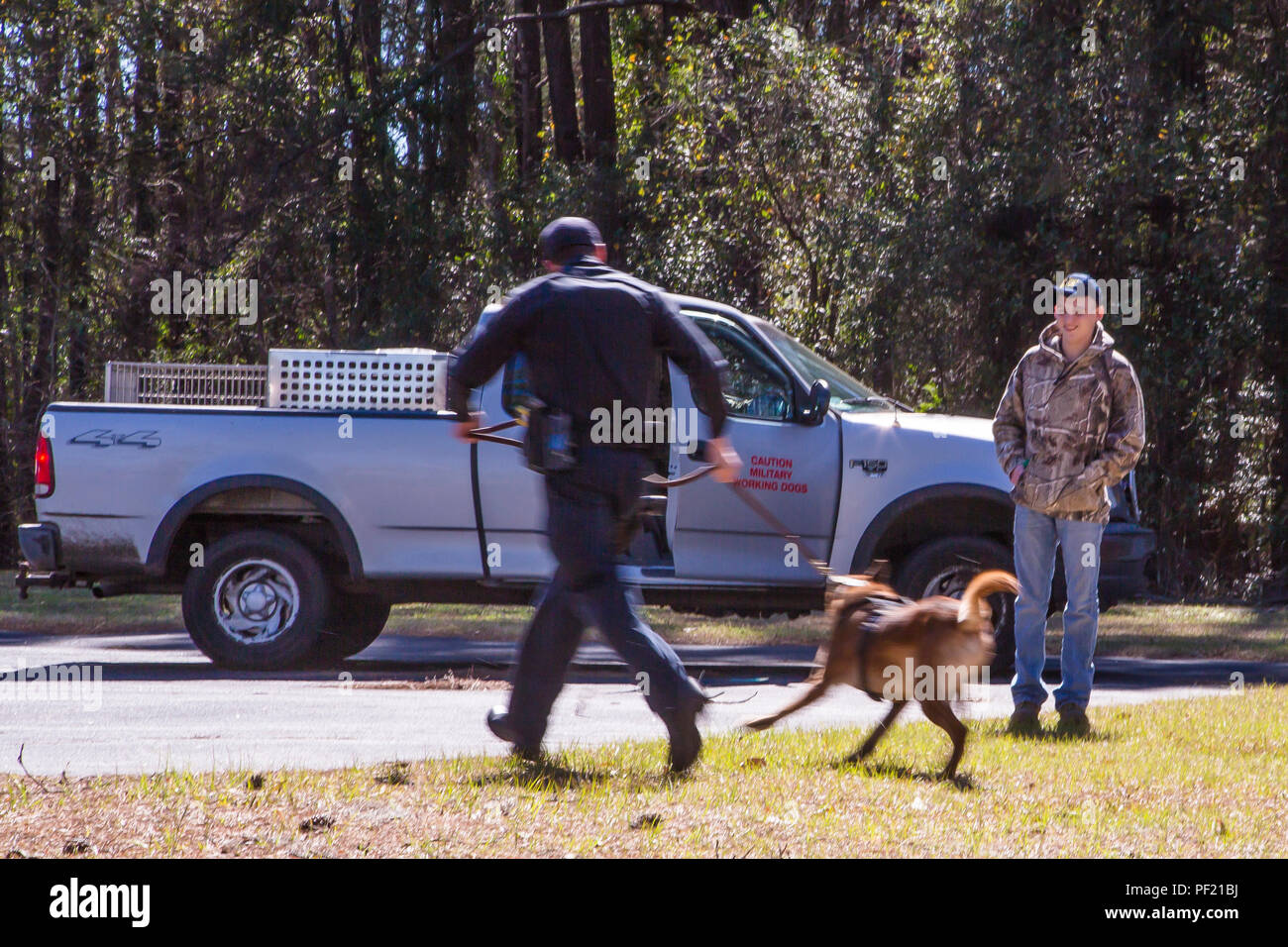 Timothy Rhodes watches a police officer and his military working dog ...