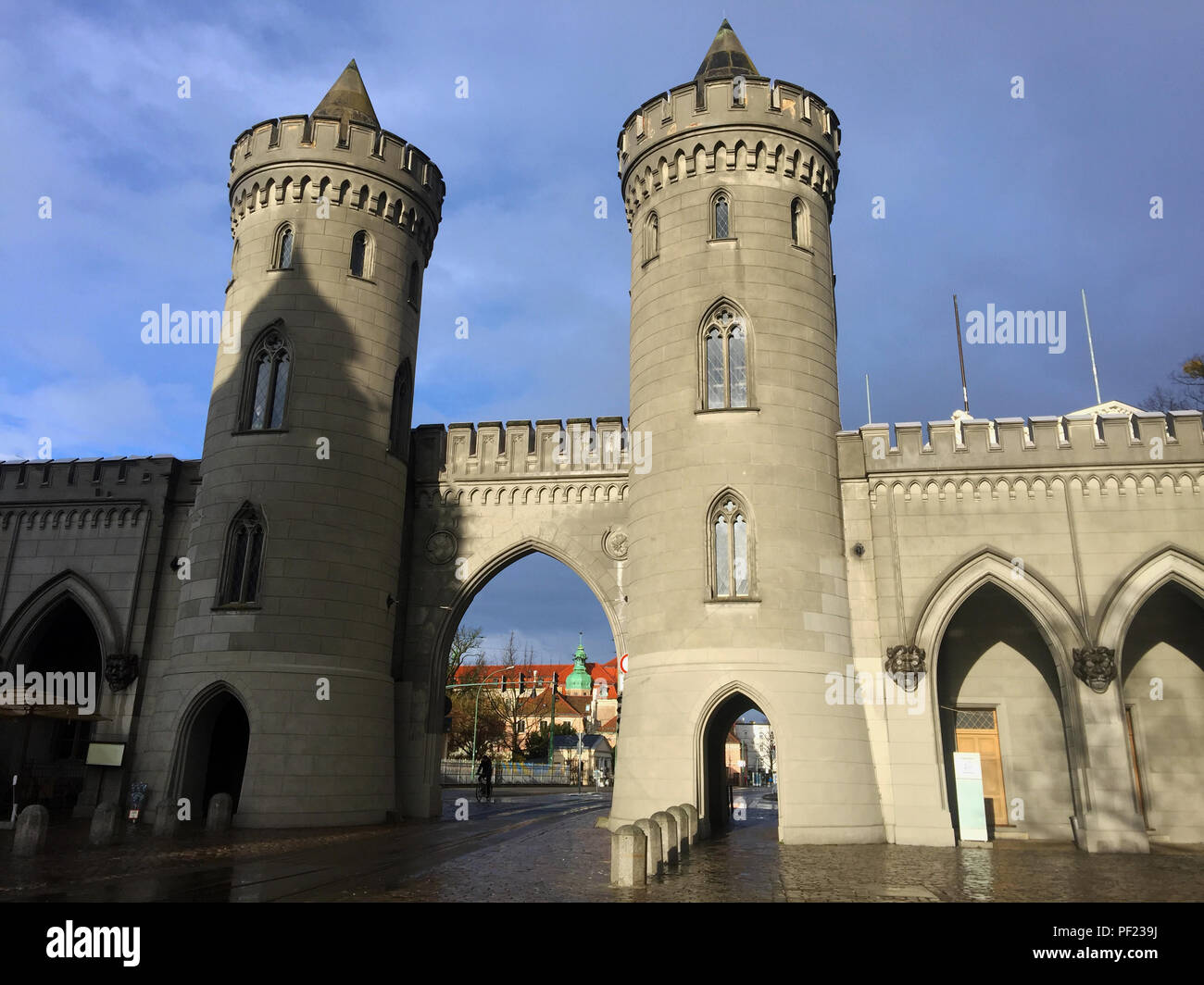 Arc entrance between two towers, Nauen Gates, Potsdam, Germany Stock ...