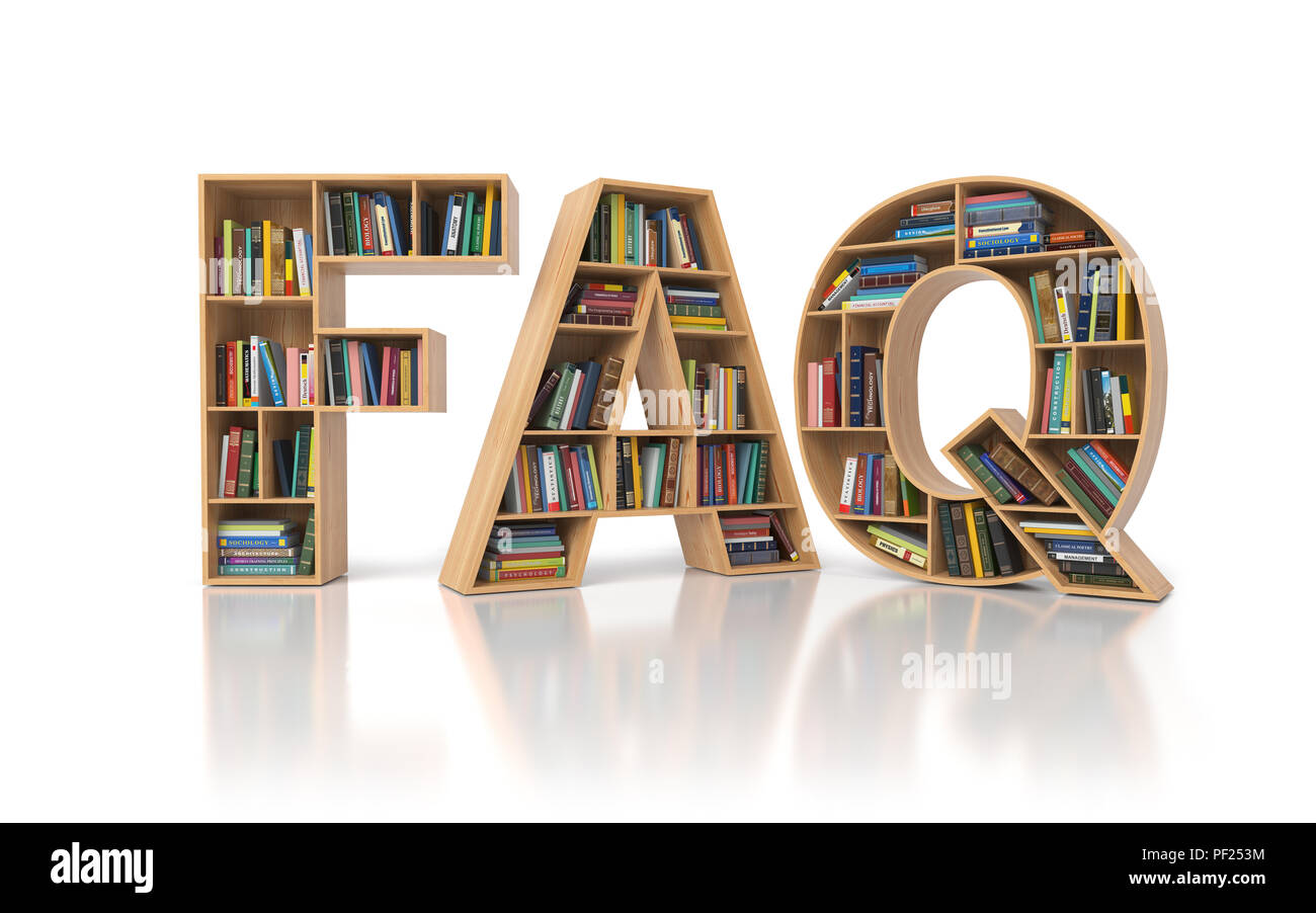 FAQ Frequently asked questions concept. Bookshelf with book in form of ...