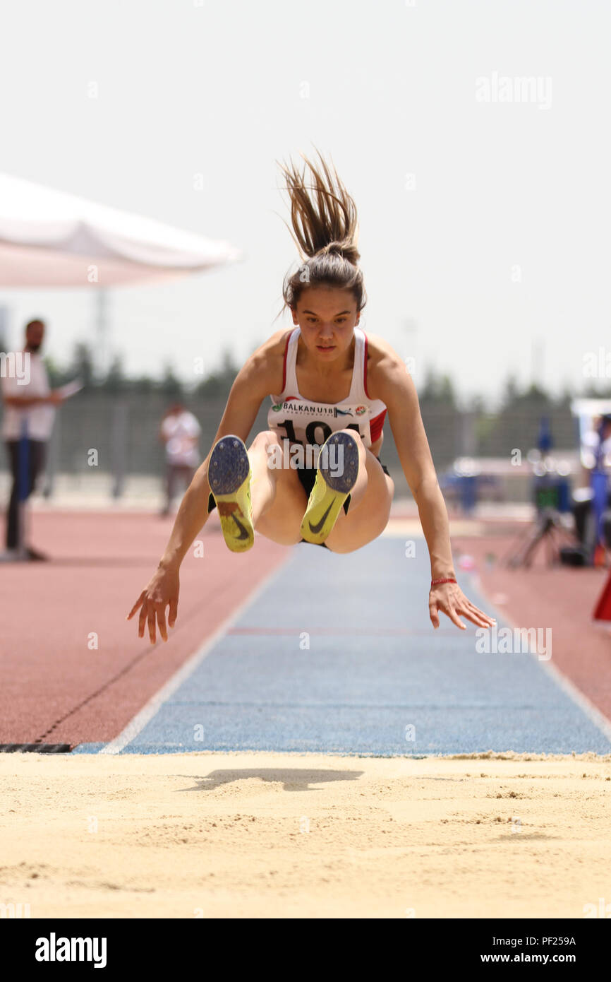 ISTANBUL, TURKEY - JUNE 09, 2018: Undefined athlete triple jumping ...