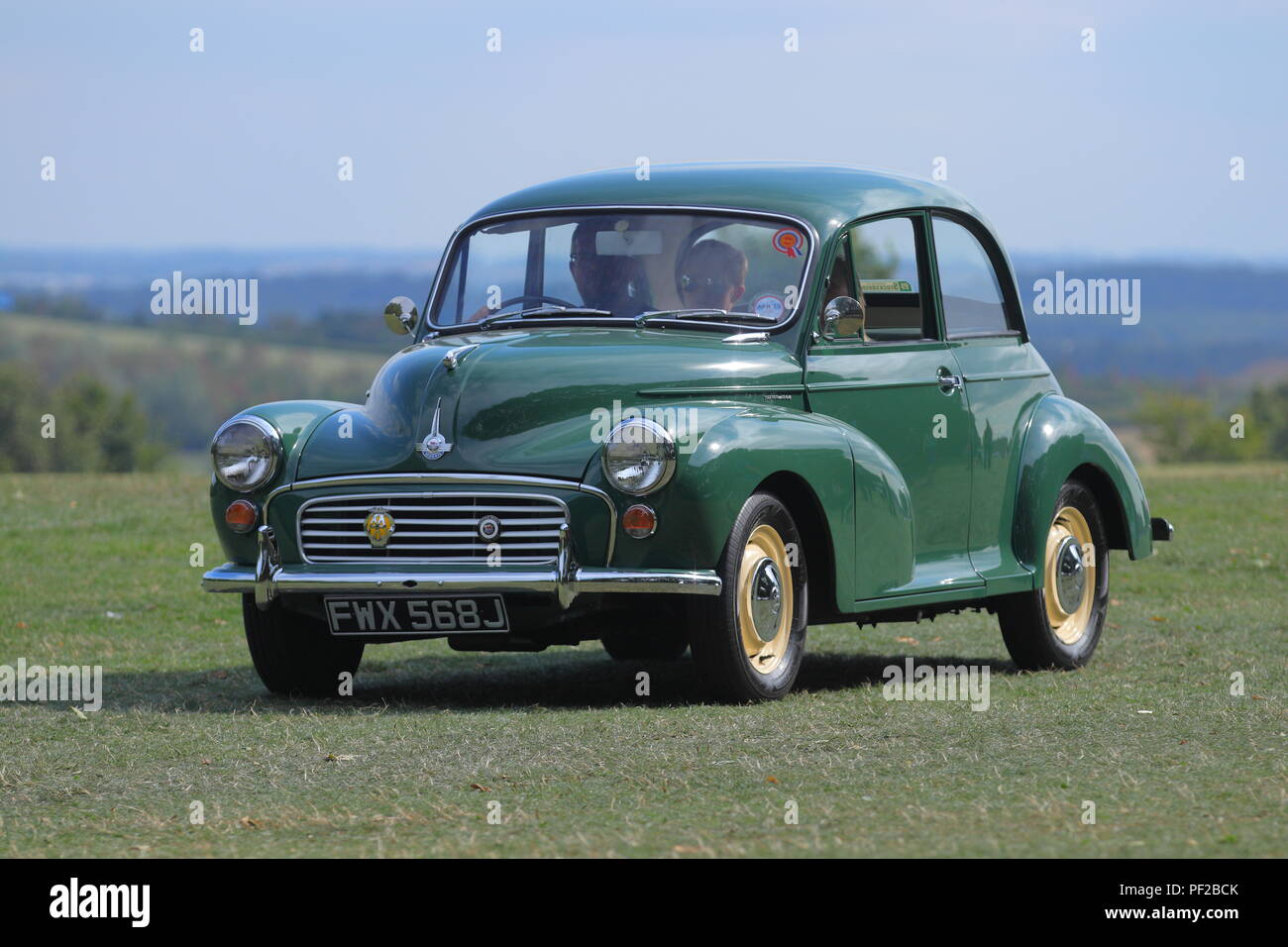 1970 Morris Minor 1000 in Green leaving a Classic Car Show at Temple ...