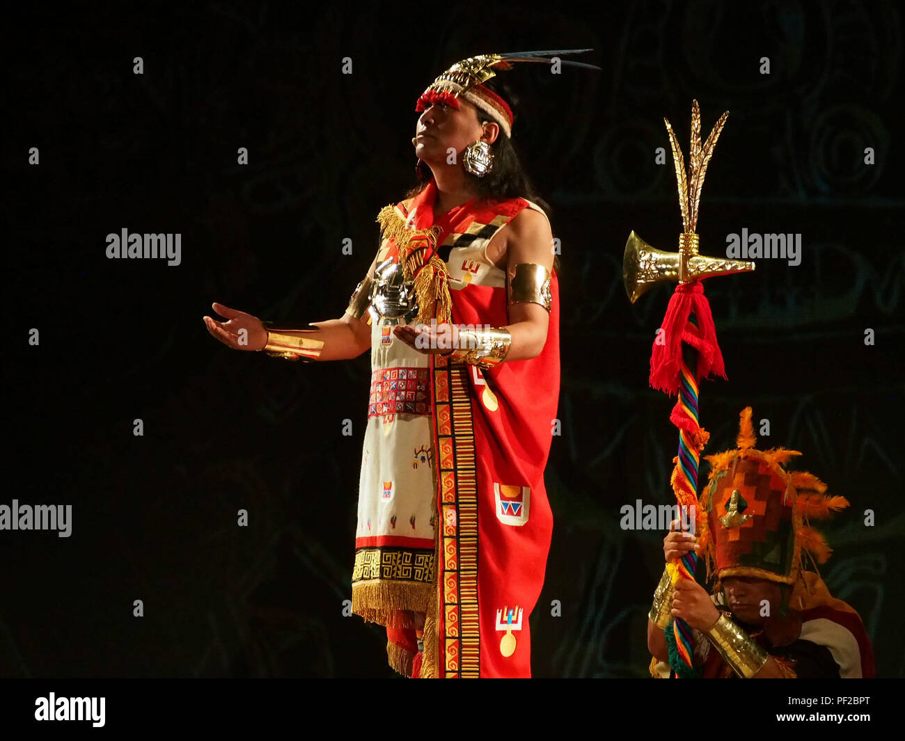 Inca costumed actors performing the sun fest ceremony at the launching ...