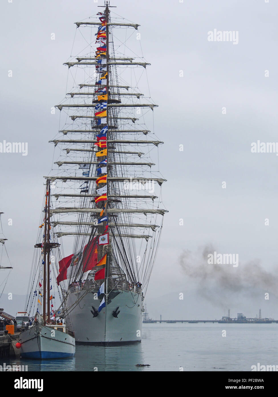 Bow view of the BAP Union sailing ship from Peru moored to the dock ...