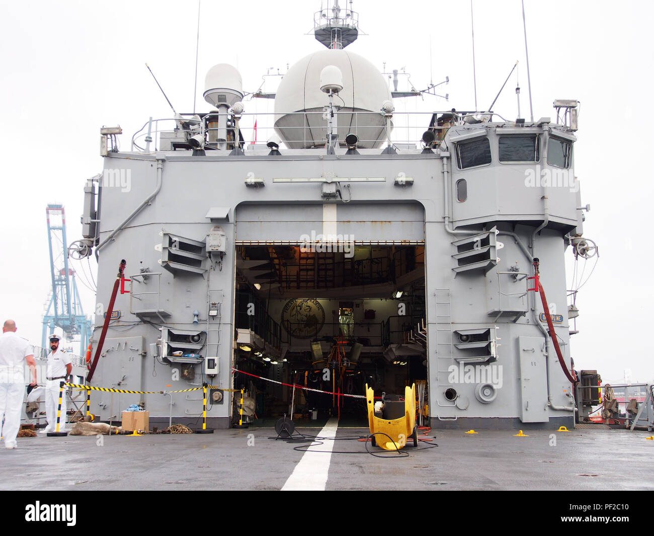 Hangar and flight deck of the monitoring light frigate of the National ...