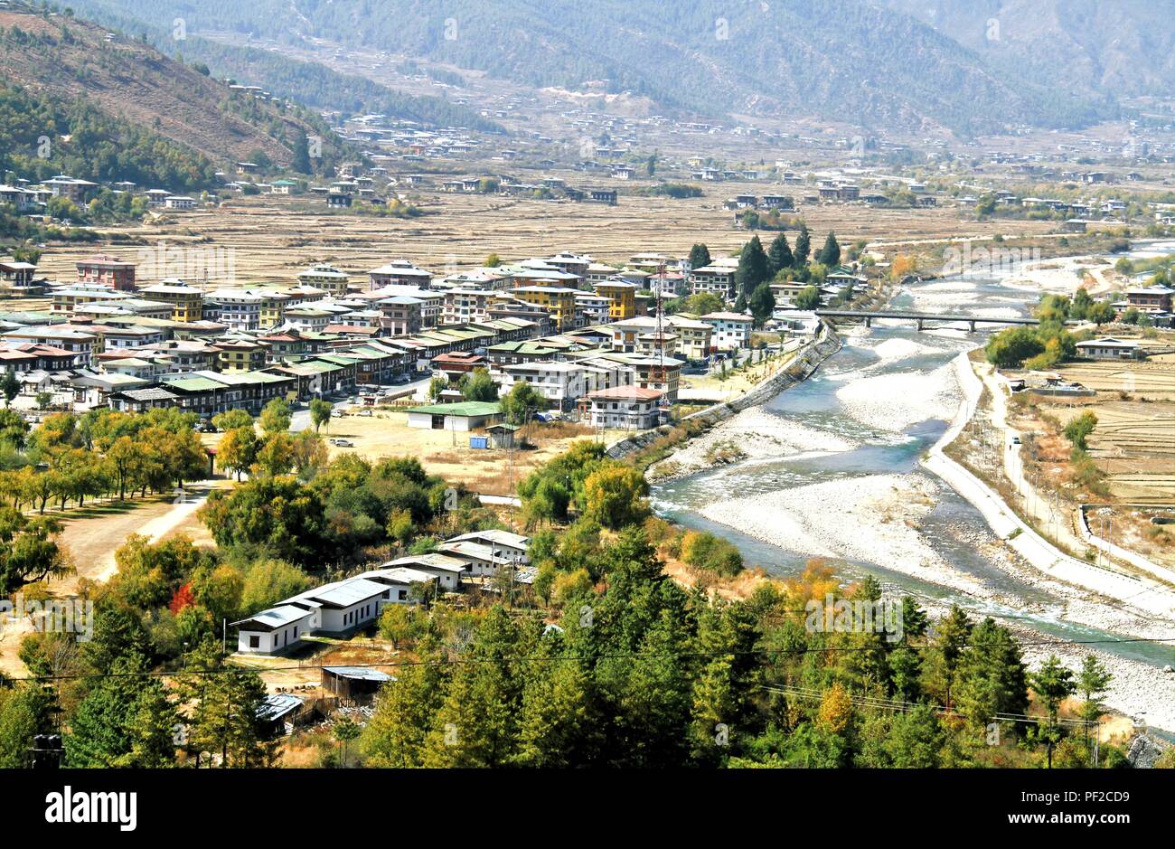 Aerial view of Thimphu City with Bhutanese traditional style houses ...