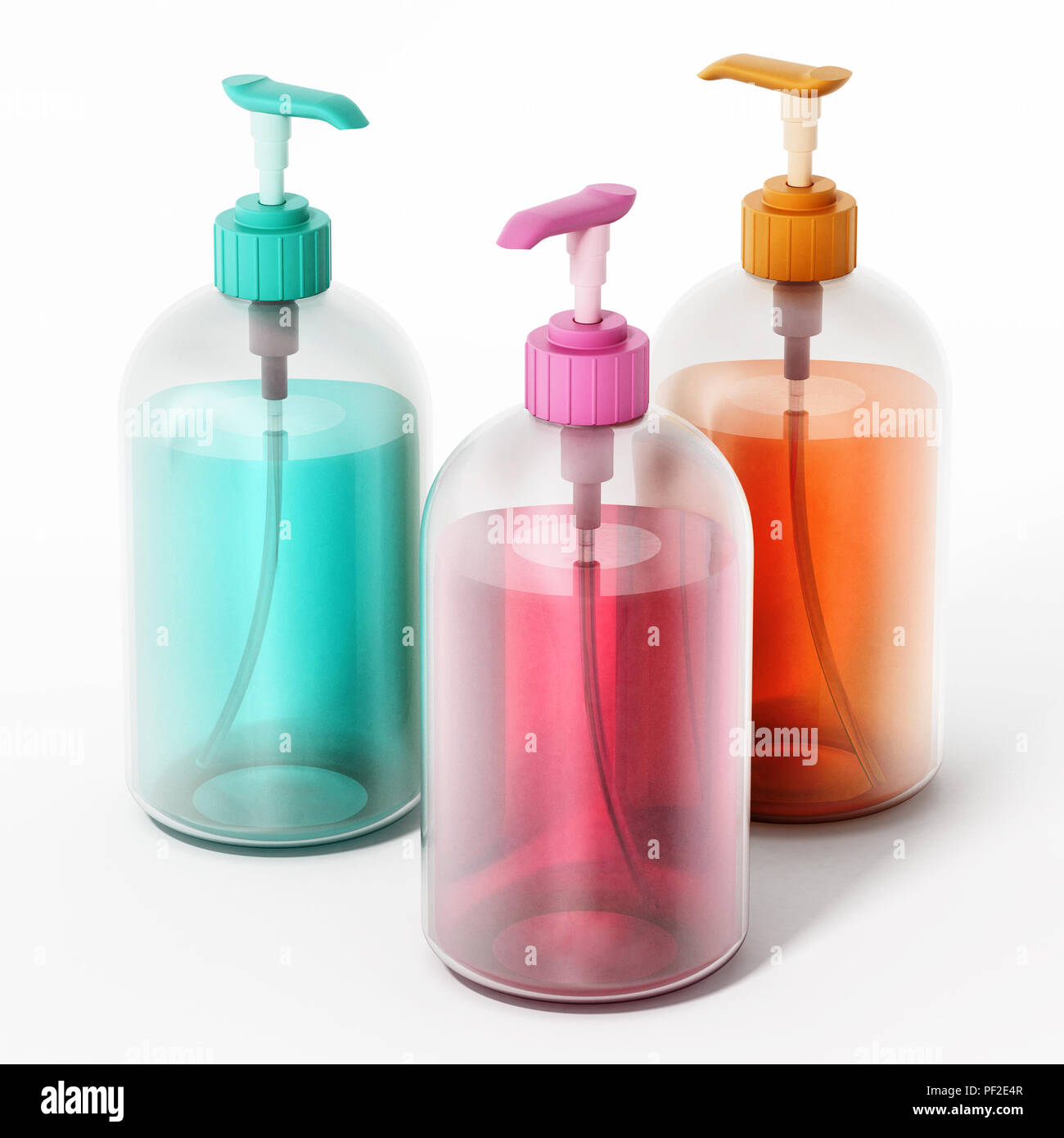 Colored soap bottles isolated on white background. 3D illustration ...