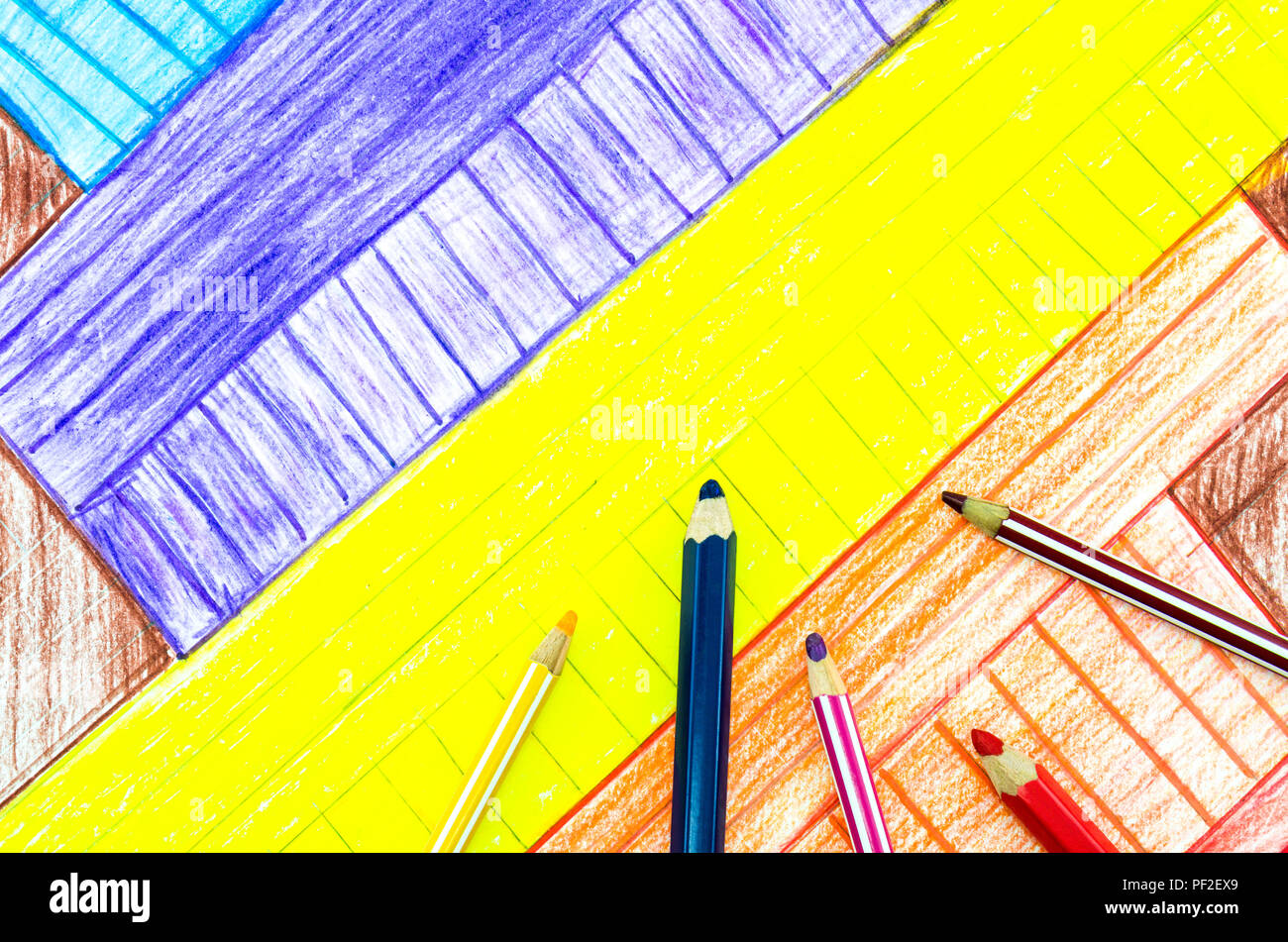 Simple children drawing with color pencil laying, colorful background ...